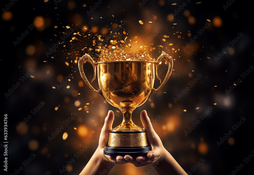 Hand holding gold trophy cup with confetti. celebrating with trophy ...