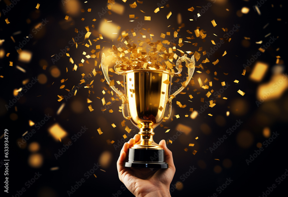 Hand holding gold trophy cup with confetti. celebrating with trophy ...