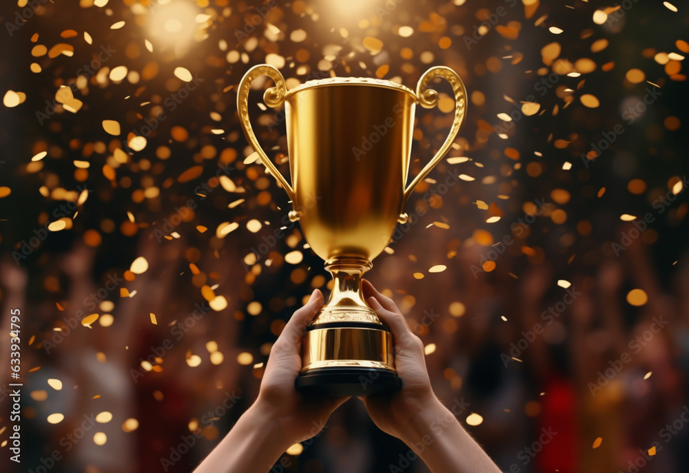 Hand holding gold trophy cup with confetti. celebrating with trophy ...