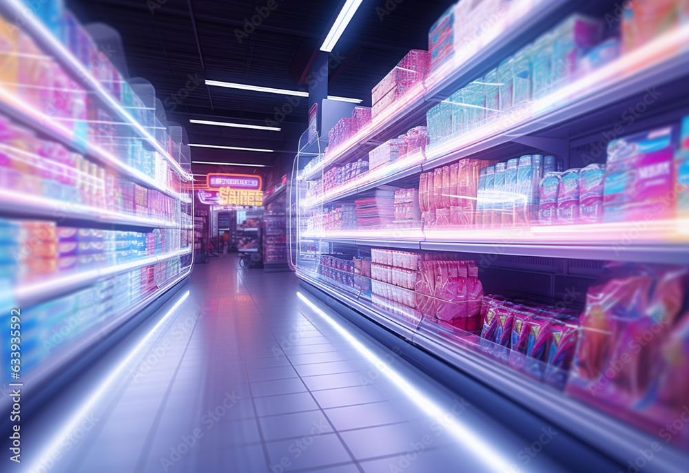 Blurry shopping shelves in supermarkets and department stores realistic ...