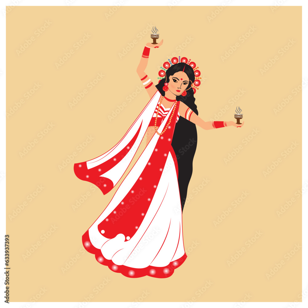 Vector illustration of Bengali woman performing Dhunuchi dance wearing ...