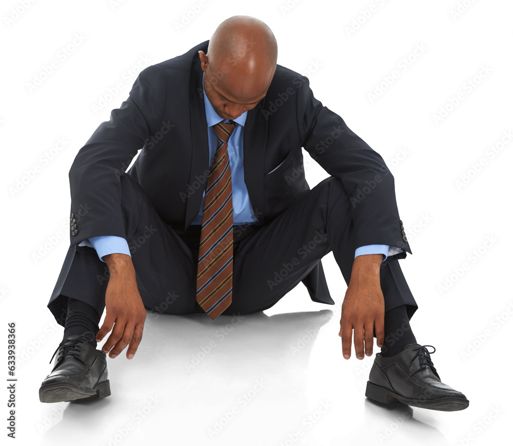 Depression, sitting and sad business black man on floor on png ...