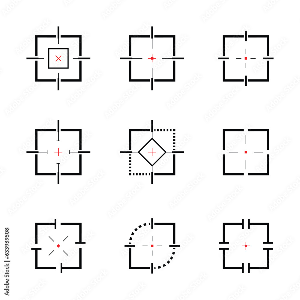 Square Style Cross Hair, Target or Aim icon set in black and red color ...