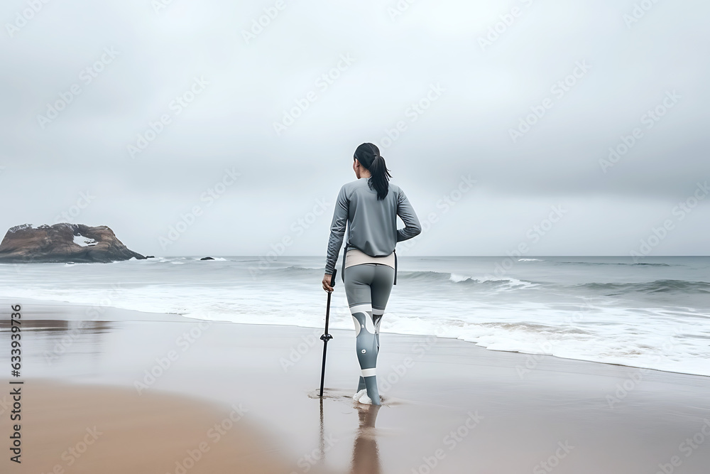 A young disabled woman with a cane with prosthetic legs in a gray ...
