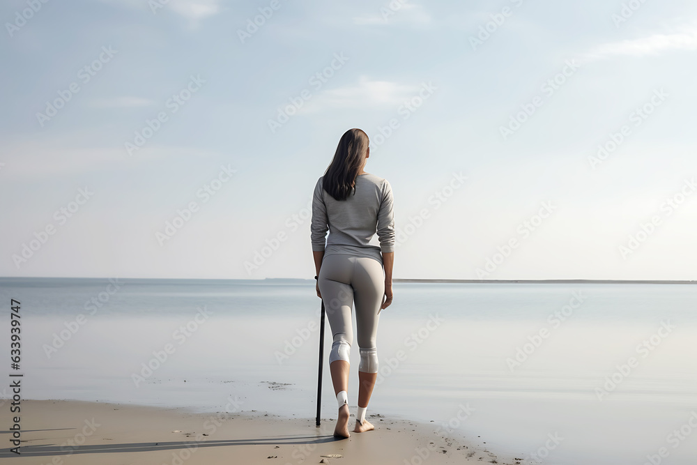 A young disabled woman with a cane with prosthetic legs in a gray ...