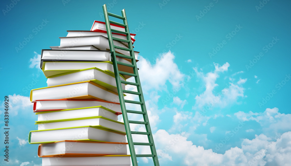 Abstract book stack with ladder on sky with clouds background. Ladder ...
