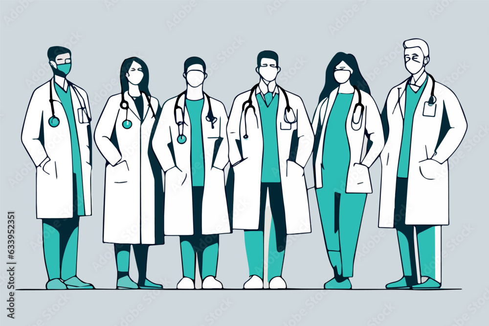 Drawing group of male and female doctors discussing and diagnosing ...