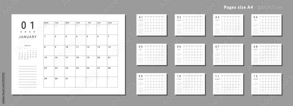 Set of Monthly page Calendar Planner Templates 2024 with note. Vector layout of a wall or desk ...