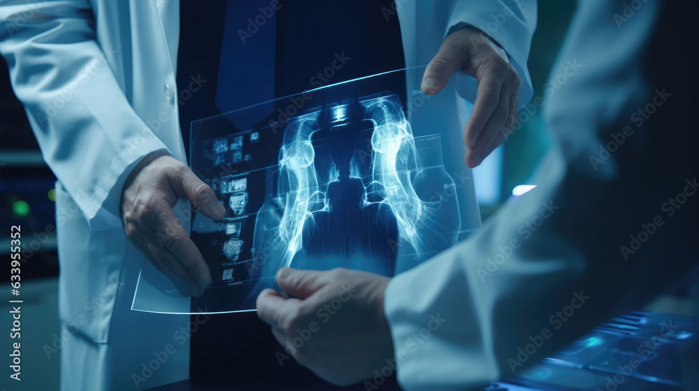 Orthopedic surgeon doctor examining patient's knee joint x-ray films ...