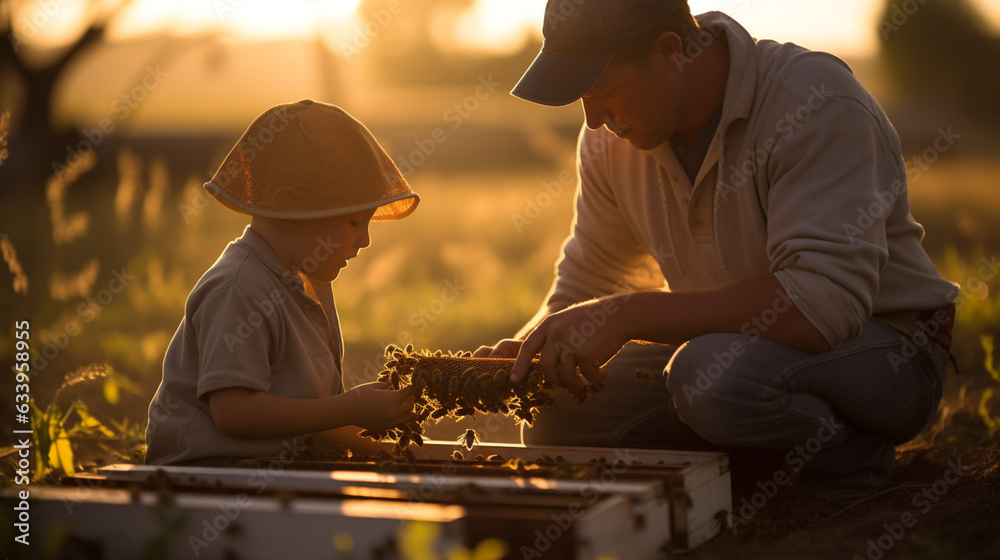 Bee Guardians: A heartwarming scene of a young beekeeper, carefully ...