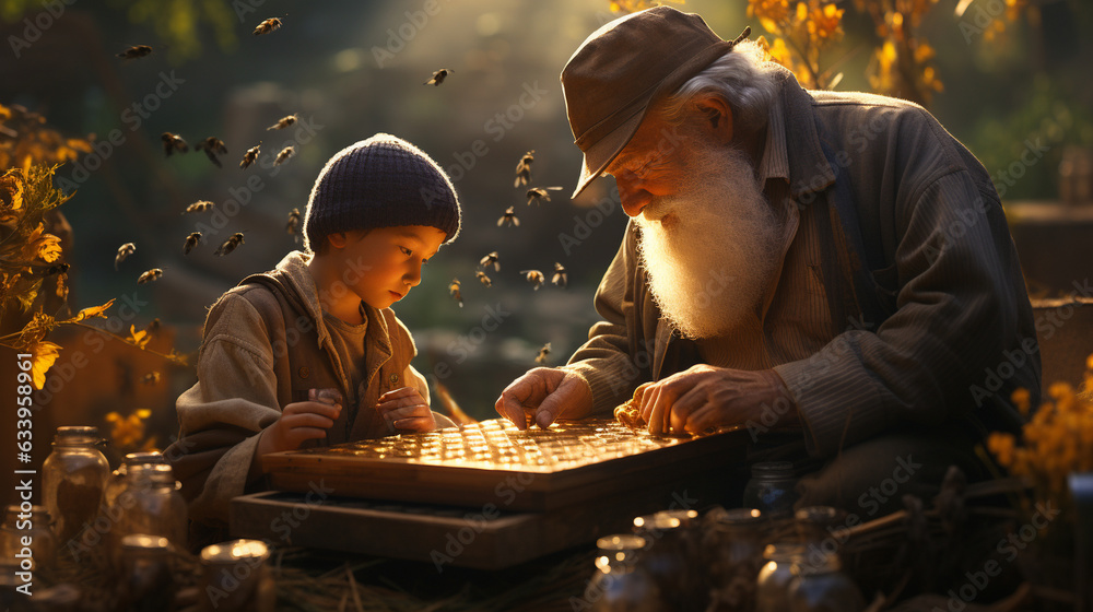 Bee Guardians: A heartwarming scene of a young beekeeper, carefully ...