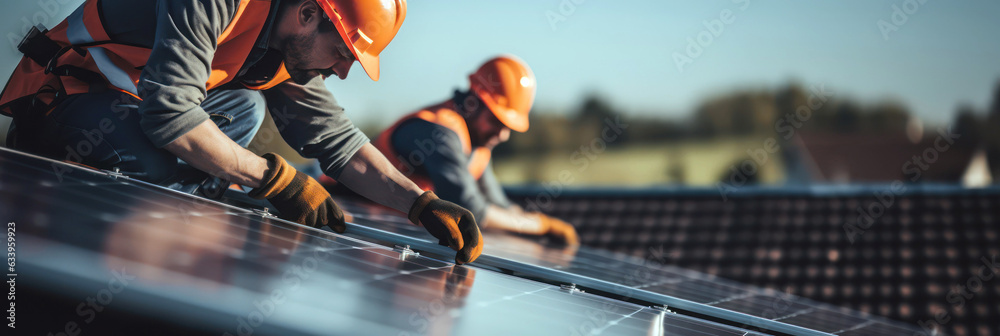 Solar panels installation. Construction workers with safety hardhat ...