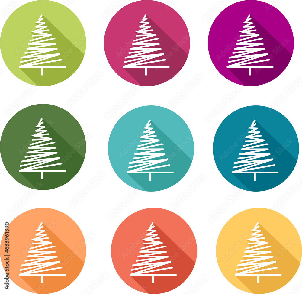 Group of coloured abstract Christmas tree icons on a transparent ...