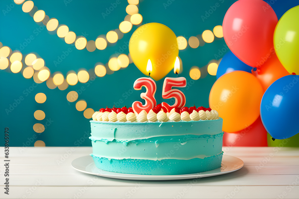 Beautiful birthday cake for 35th birthday, lit small candles, colorful ...