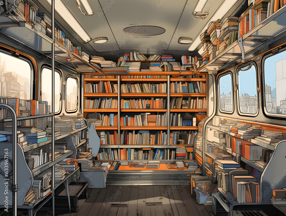 A look at a mobile library in a bus crammed with bookshelves and ...