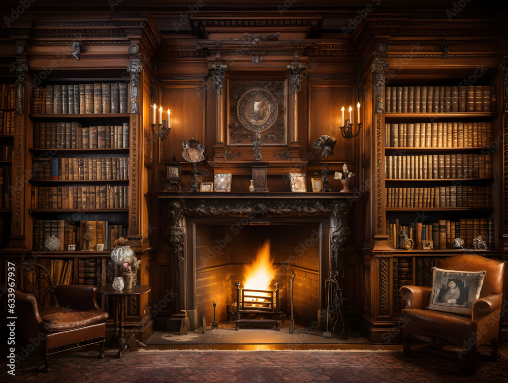 Image of an antique private library with wooden paneling and a ...