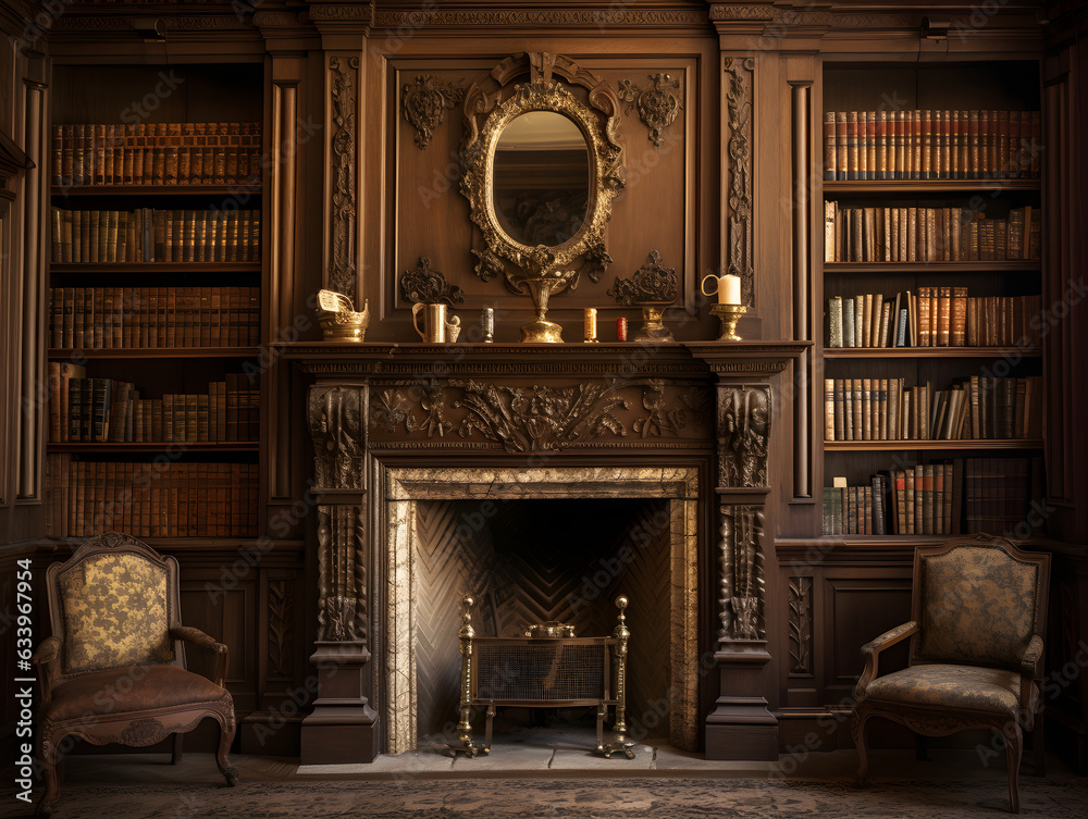 Image of an antique private library with wooden paneling and a ...