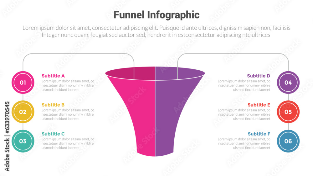 funnel shape infographics template diagram with 3d funnels as center ...