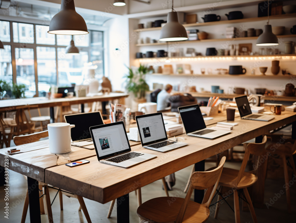 An image of a communal work table in a co-working space with laptops ...