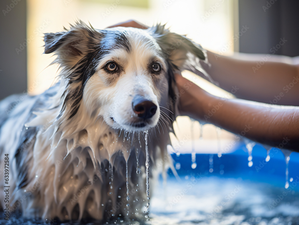 An image of a dog being carefully rinsed by a pet groomer with the dog ...