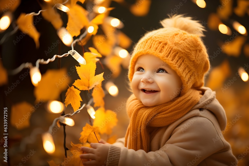 Cute happy baby girl in fashionable autumn clothes and a cap looks at ...