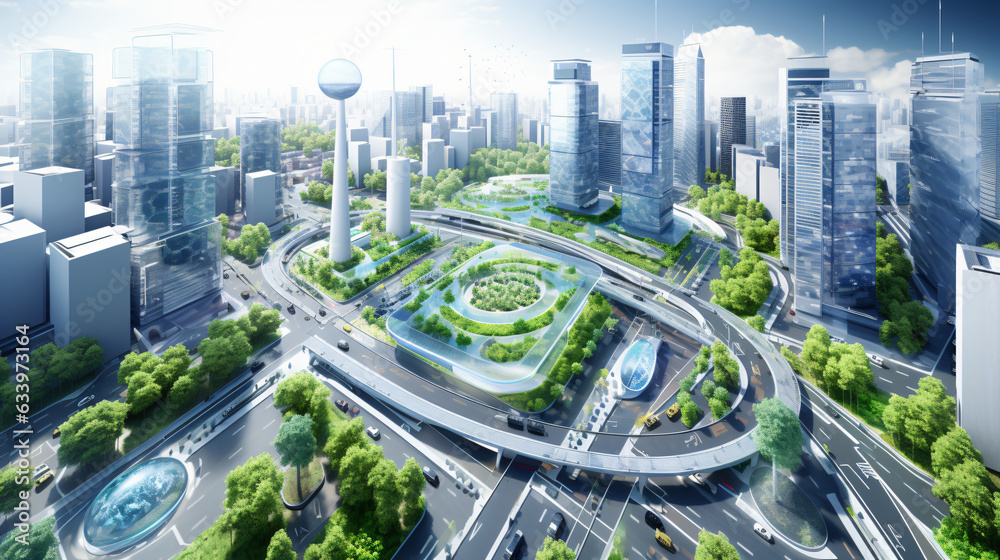 An image of a smart city with autonomous vehicles pedestrian zones and ...