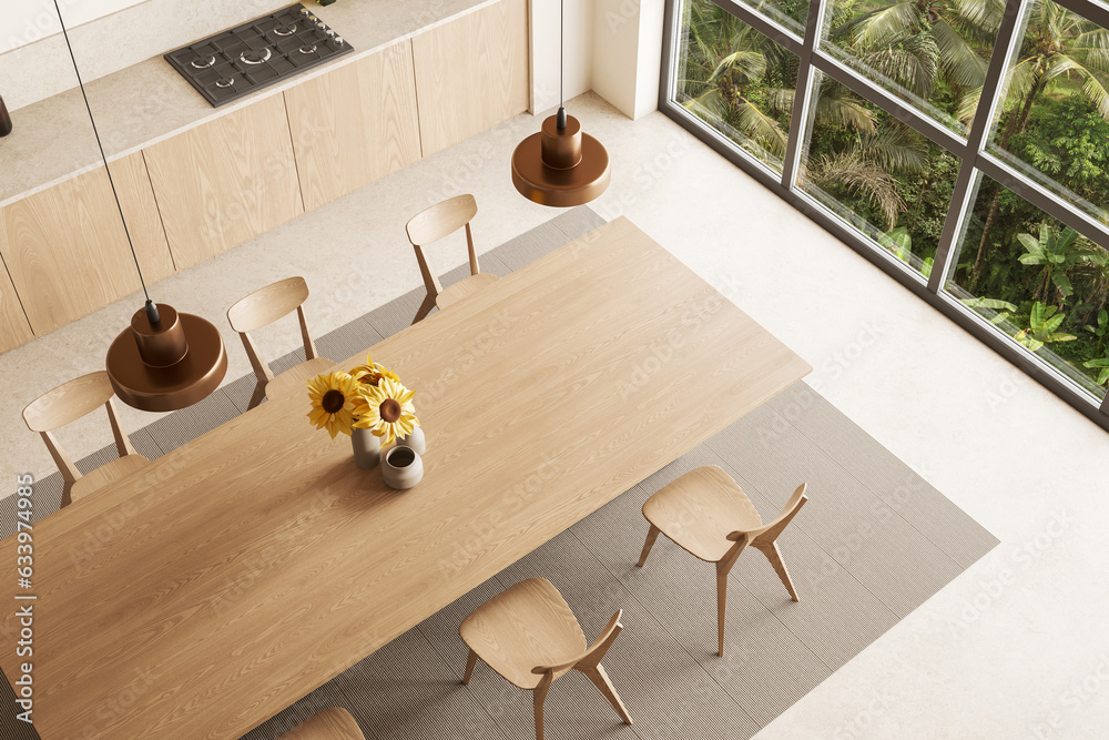 Beige kitchen interior with cabinets and dining table, top view Stock ...