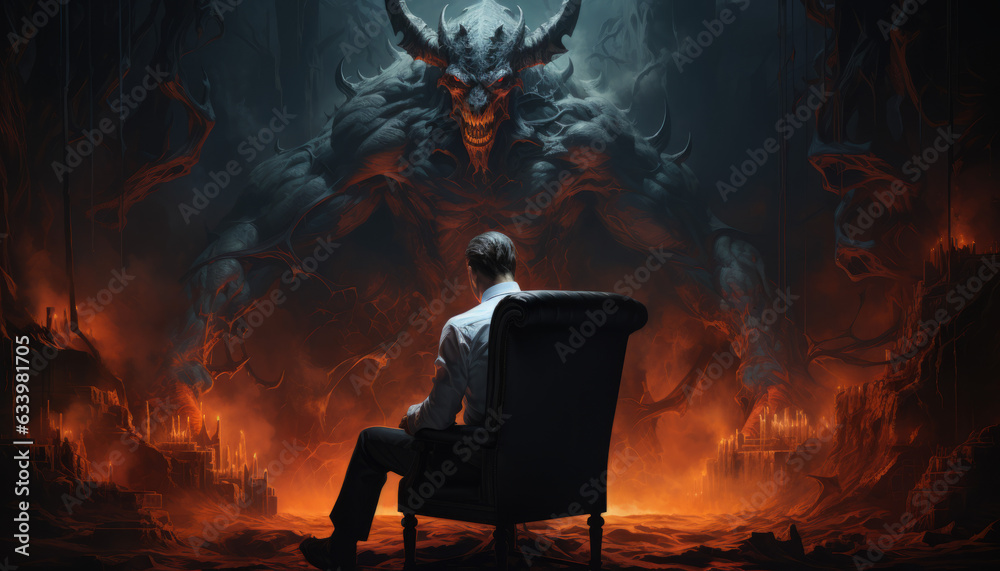 A business man the devil or satan sits in a dark office with horns, the man sold his soul to the ...