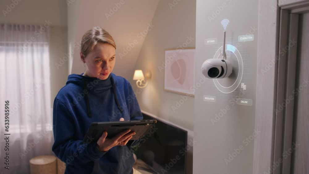 Woman sets up security camera with AI recognition system at home using ...