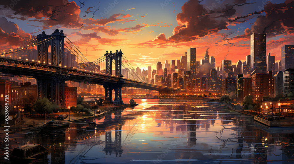 Retro Cityscape: A bustling cityscape with a vintage bridge as the ...