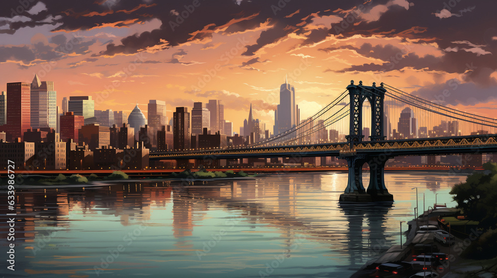 Retro Cityscape: A bustling cityscape with a vintage bridge as the ...
