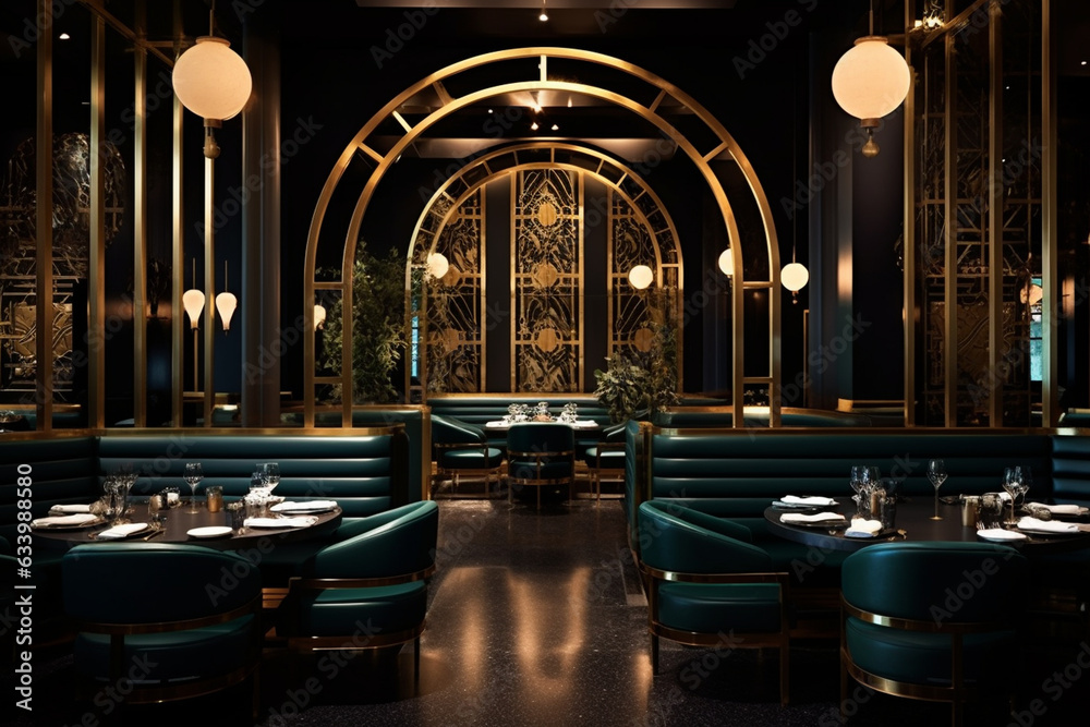 Design an opulent, art deco-inspired restaurant, showcasing brass ...