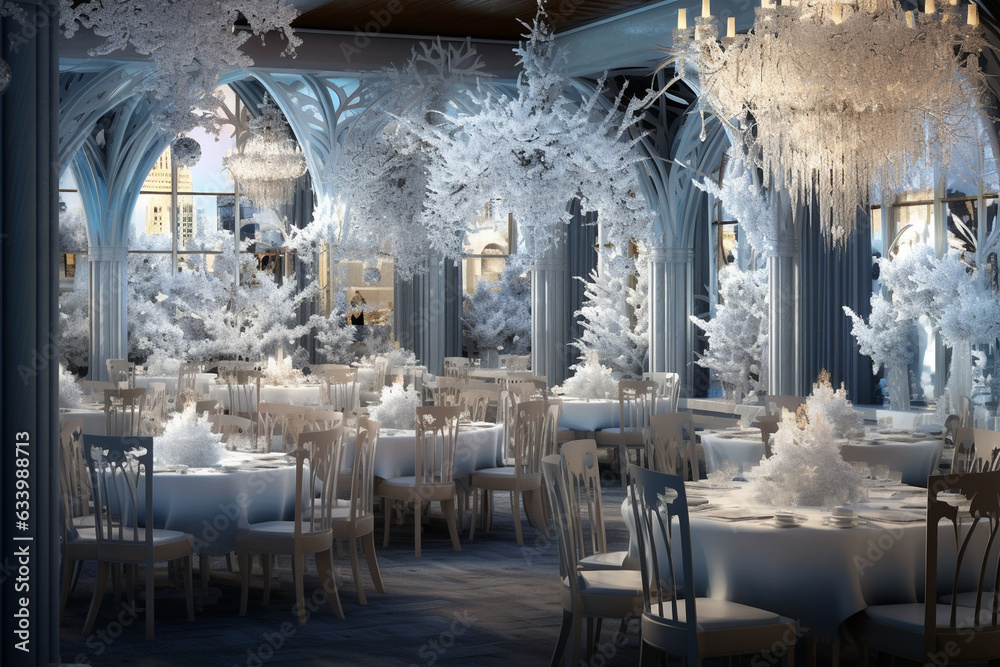 Capture the magic of a winter wonderland restaurant, featuring ...