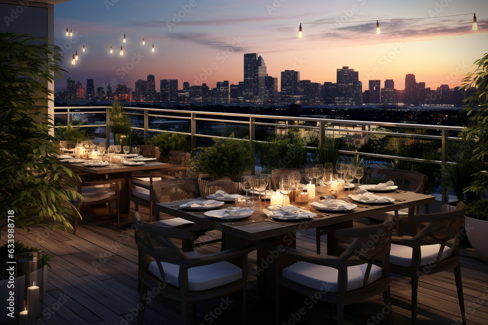Create an urban rooftop restaurant with panoramic city views ...