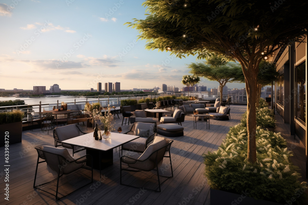 Create an urban rooftop restaurant with panoramic city views ...