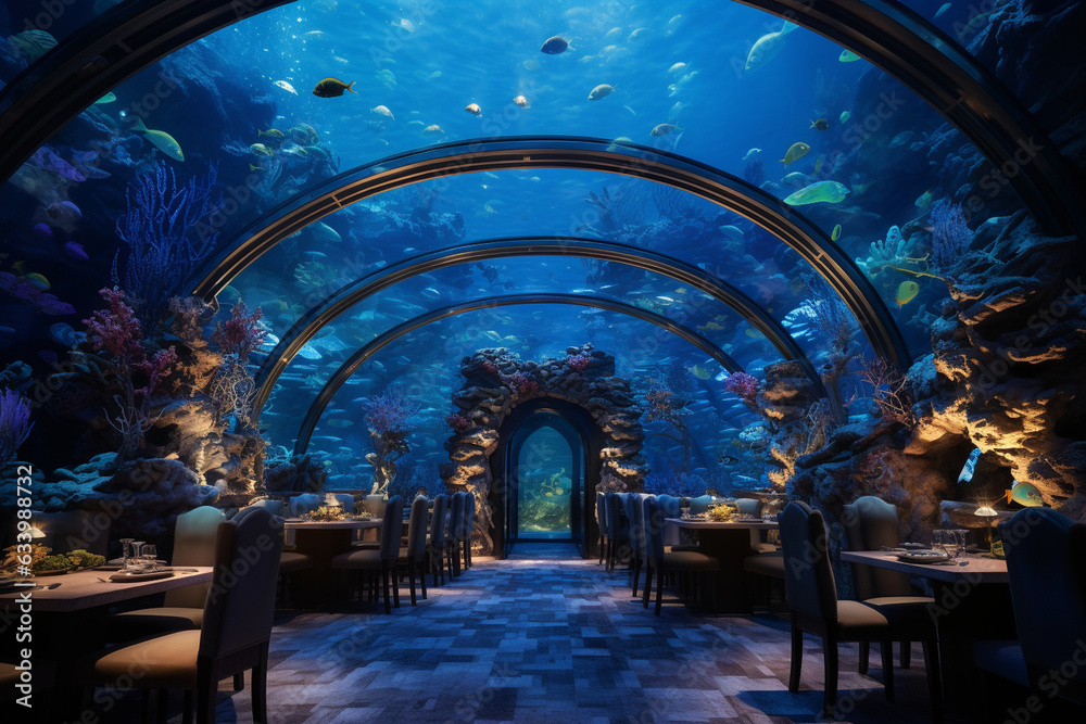 Design an immersive underwater restaurant with a glass tunnel entry ...