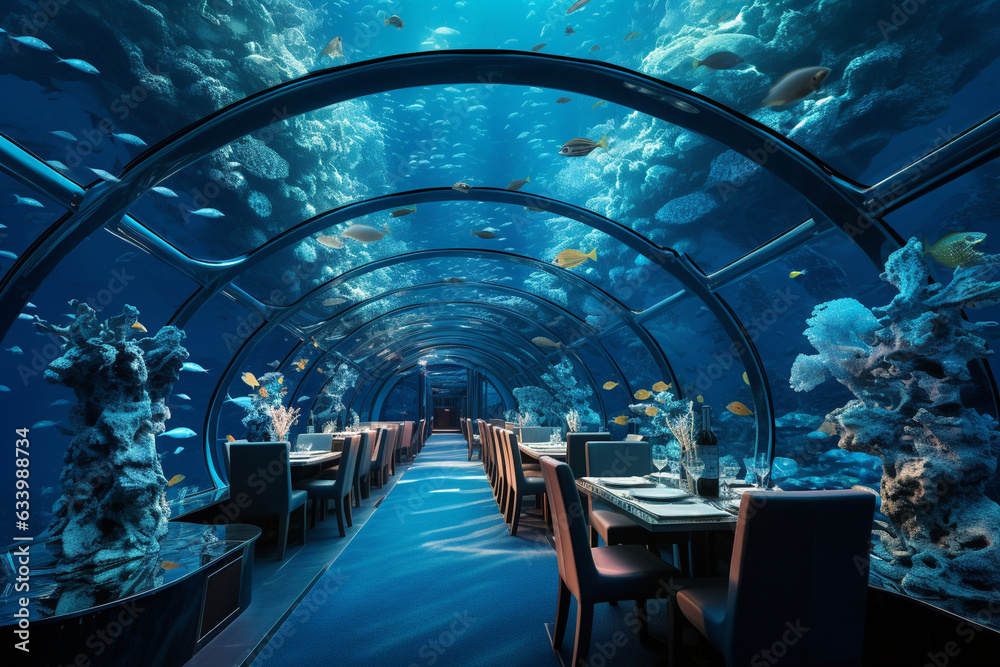 Design an immersive underwater restaurant with a glass tunnel entry ...