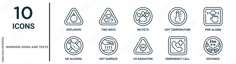 Vetor de warning signs and texts outline icon set such as thin line ...