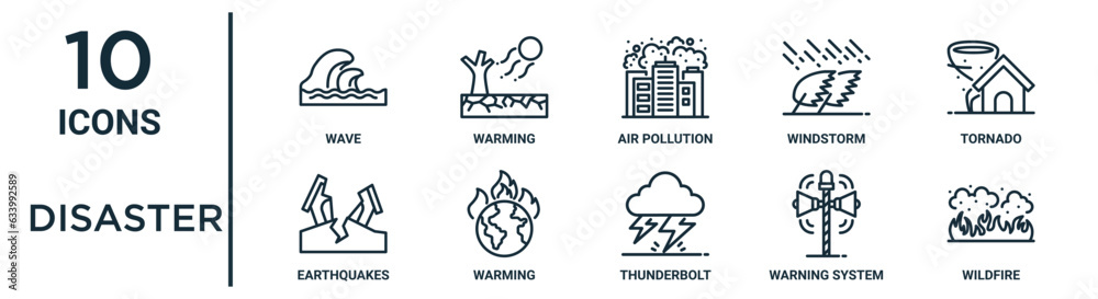 disaster outline icon set such as thin line wave, air pollution ...