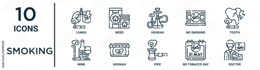Vetor de smoking outline icon set such as thin line lungs, hookah ...