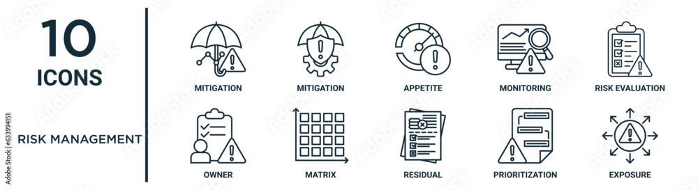 Vetor de risk management outline icon set such as thin line mitigation ...