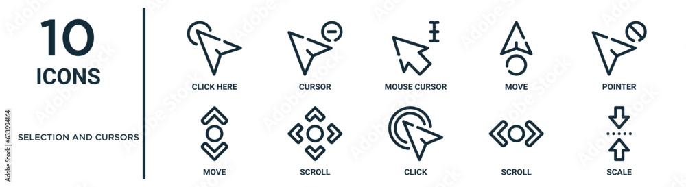 selection and cursors outline icon set such as thin line click here, mouse cursor, pointer ...