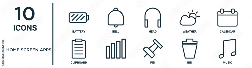 Stockvector home screen apps outline icon set such as thin line battery ...