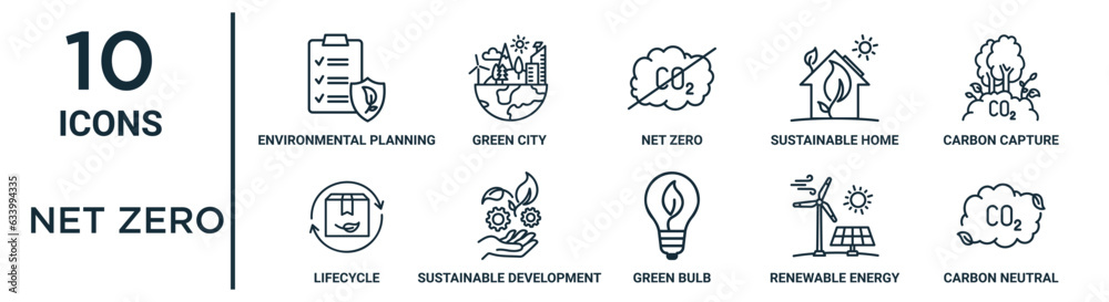 Vetor de net zero outline icon set such as thin line environmental ...