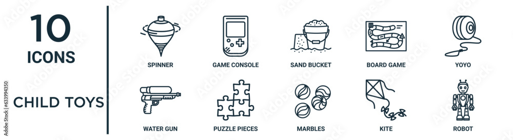 child toys outline icon set such as thin line spinner, sand bucket ...