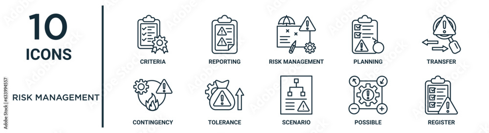 Vetor de risk management outline icon set such as thin line criteria ...