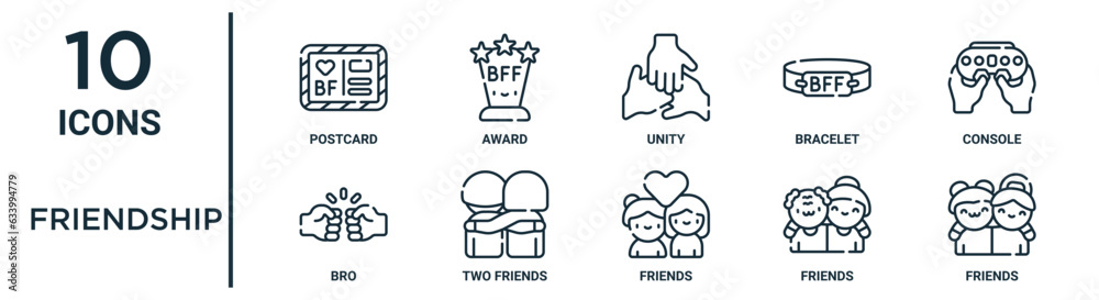 friendship outline icon set such as thin line postcard, unity, console ...