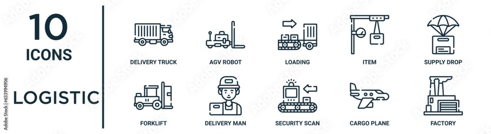 logistic outline icon set such as thin line delivery truck, loading ...