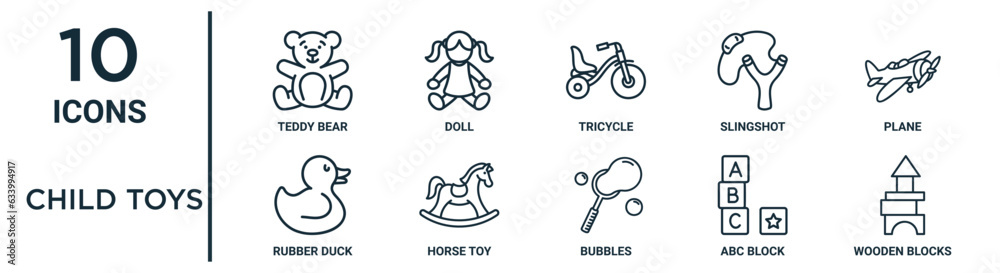 child toys outline icon set such as thin line teddy bear, tricycle ...