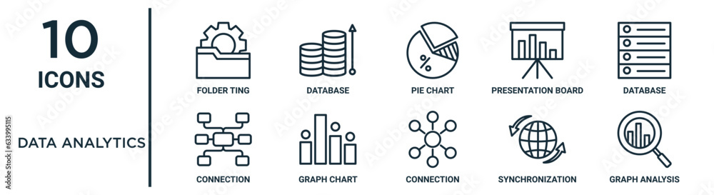 data analytics outline icon set such as thin line folder ting, pie ... data analytics outline icon set such as thin line folder ting, pie ...